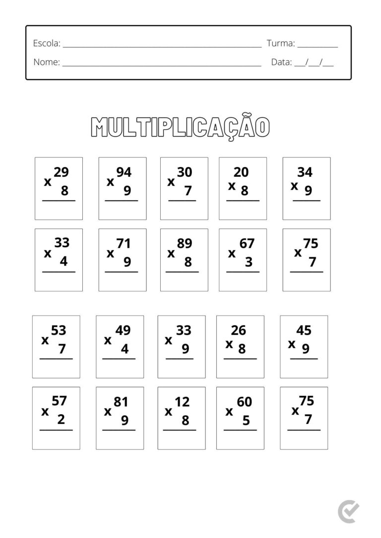 Atividades de multiplicação para imprimir - 3º ou 4º ano