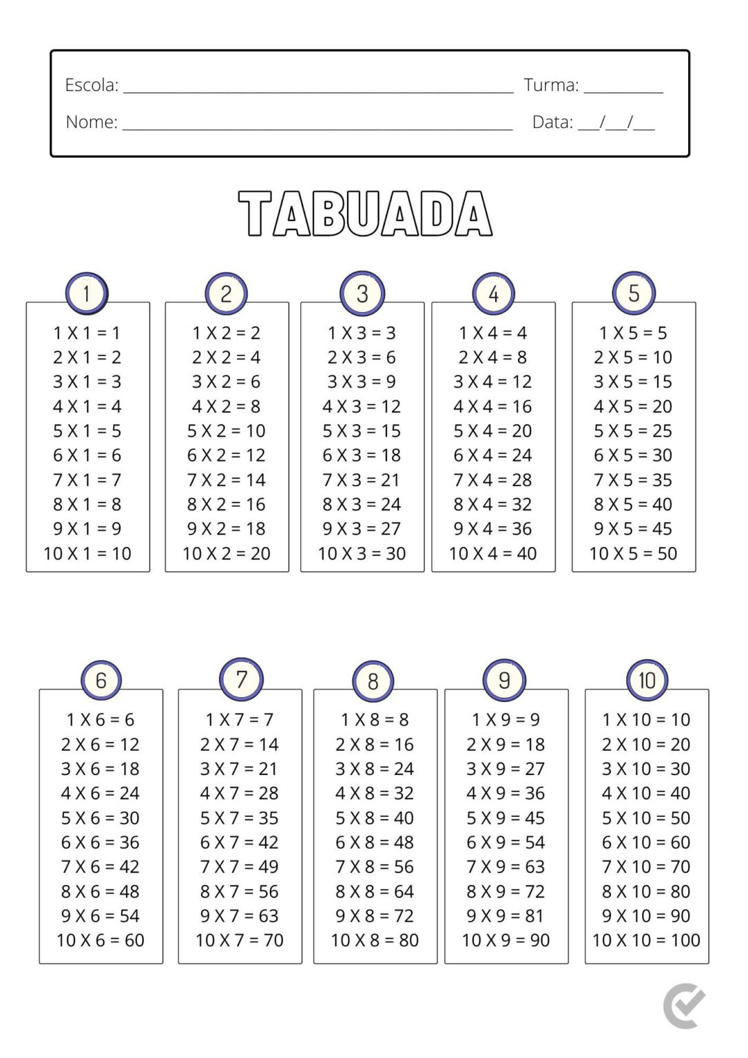 Tabuada para Imprimir: 12 Modelos de Multiplicação em PDF
