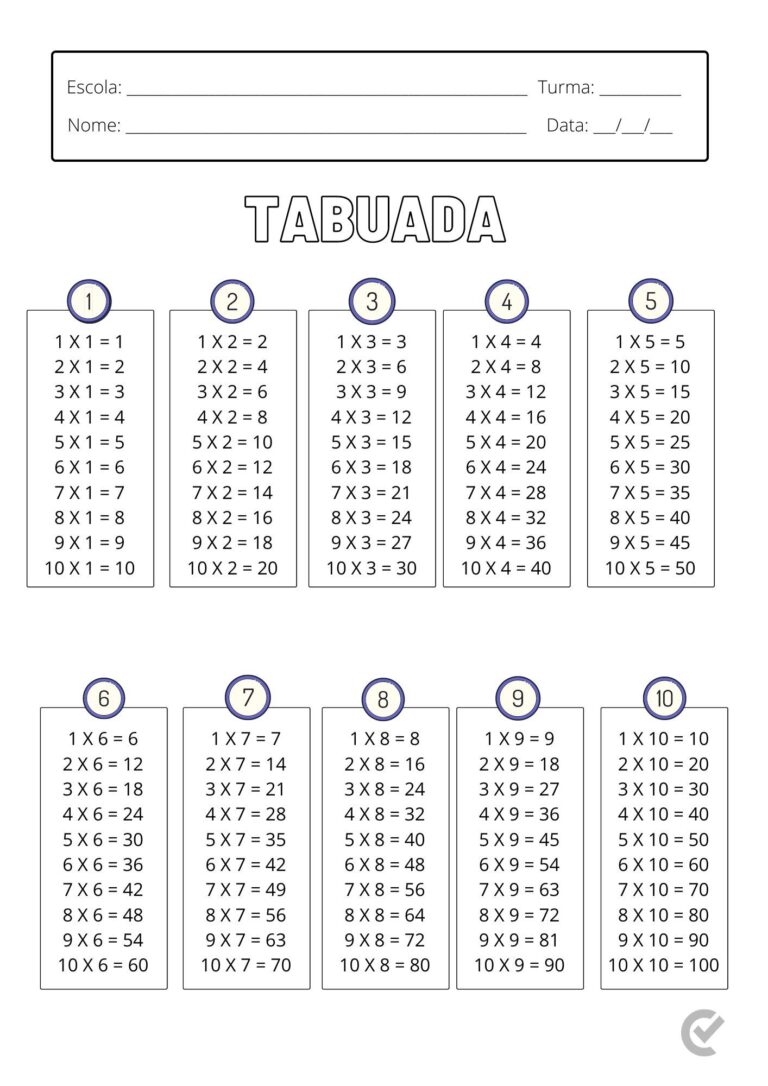 Tabuada para Imprimir: 12 Modelos de Multiplicação em PDF