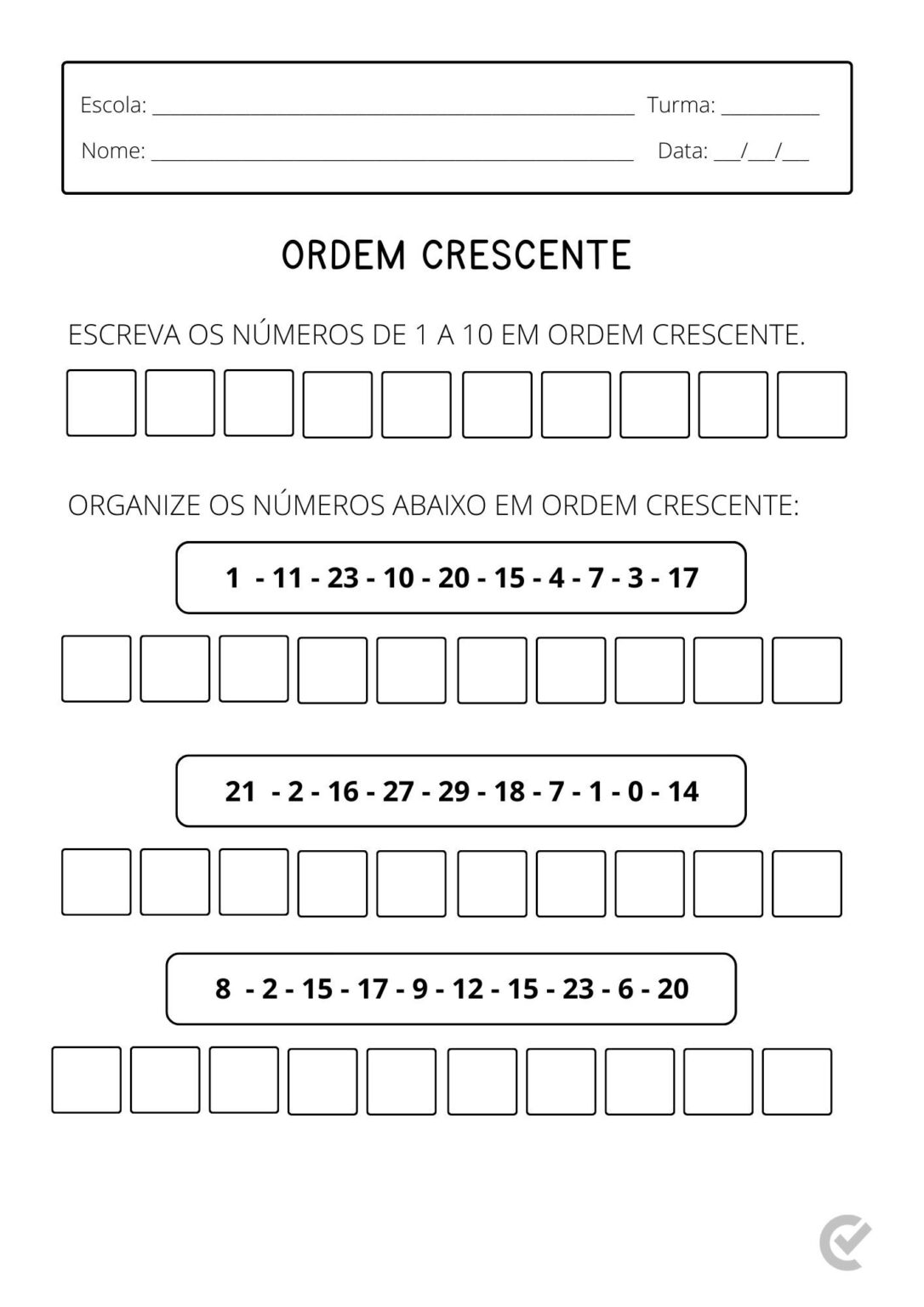 Atividades de ordem crescente e decrescente para imprimir