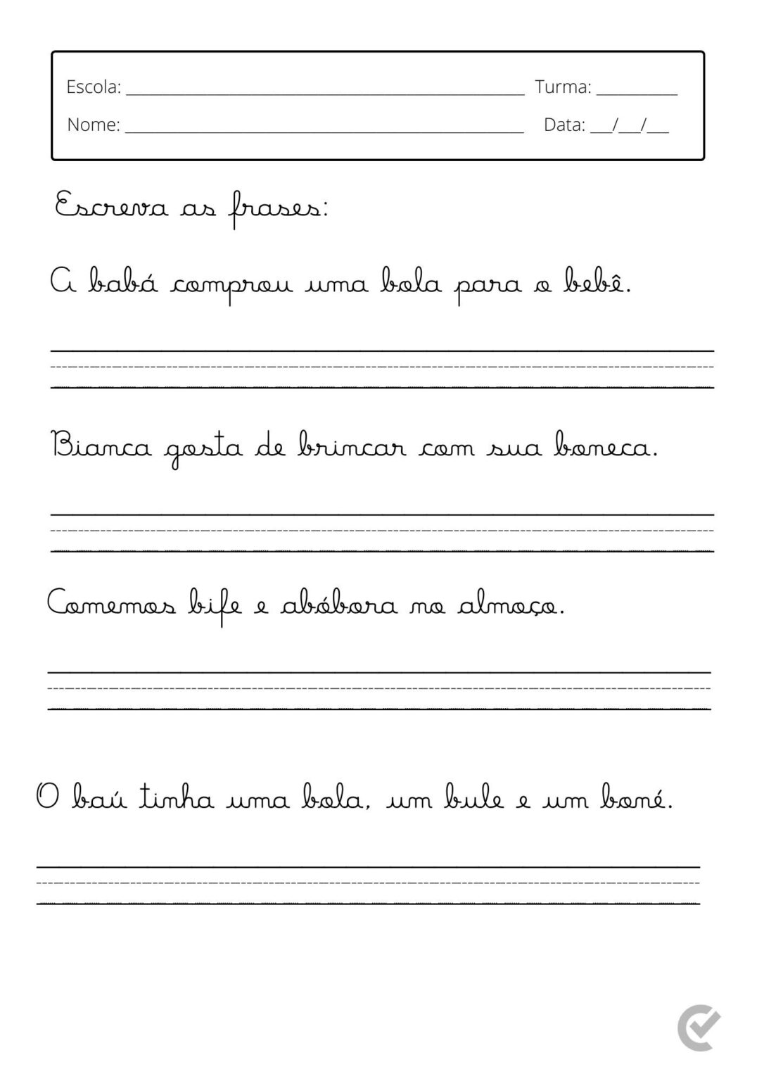 Caderno de caligrafia para imprimir com letra cursiva