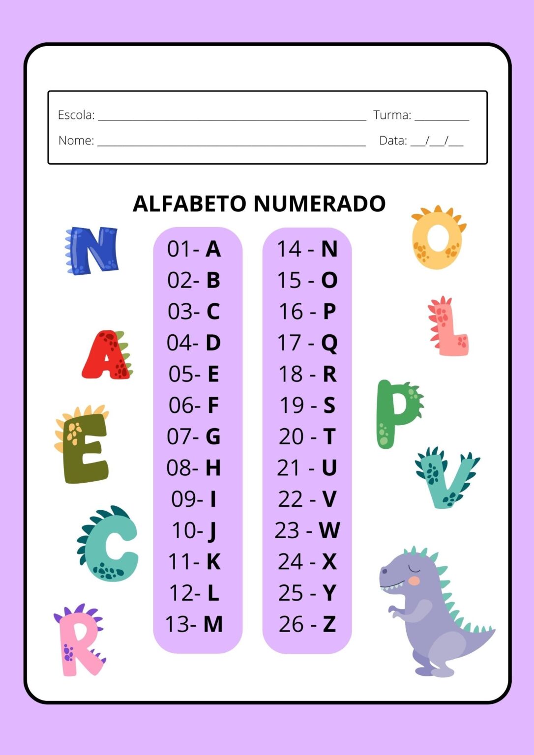 Alfabeto numerado: letras de 1 a 26 para imprimir