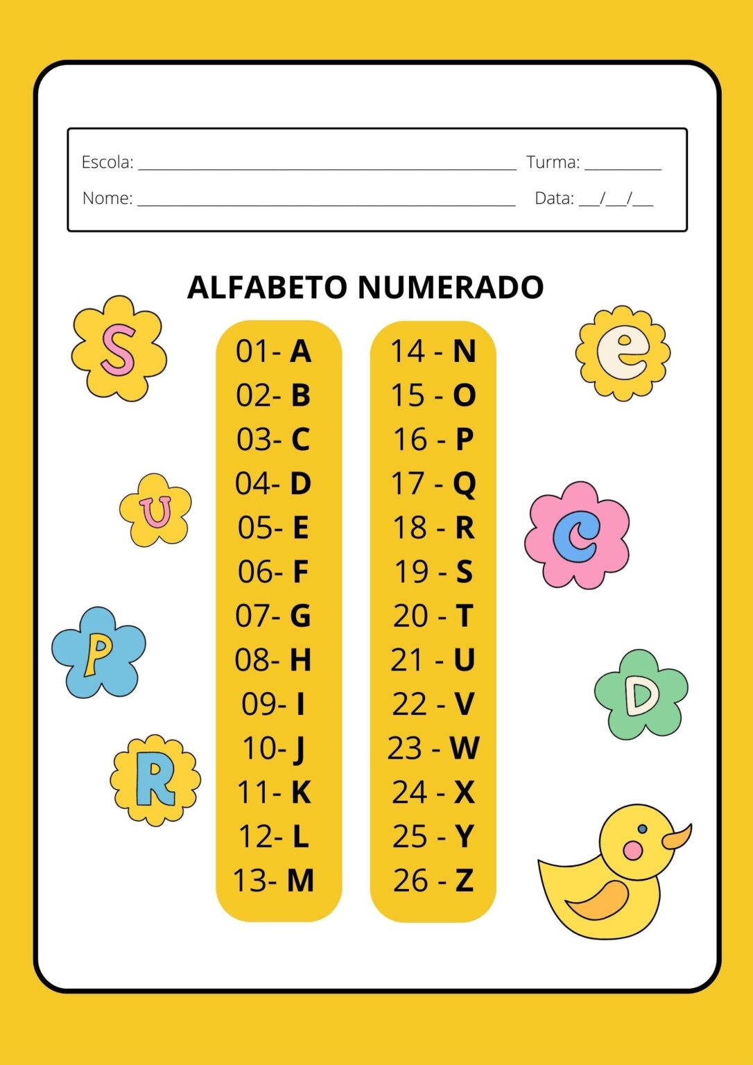 Alfabeto numerado: letras de 1 a 26 para imprimir