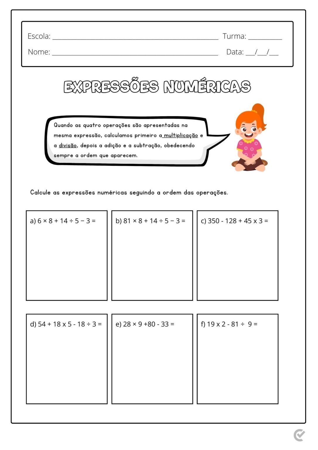 Atividades Expressões Numericas 5 Ano - BINKEDU